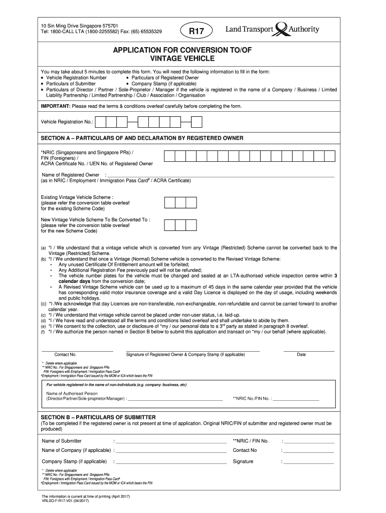 Fillable Online APPLICATION FOR CONVERSION TO/OF VINTAGE VEHICLE Fax ...