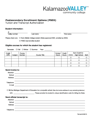 Fillable Online PSEO Tuition Authorization form - Kalamazoo Valley ...