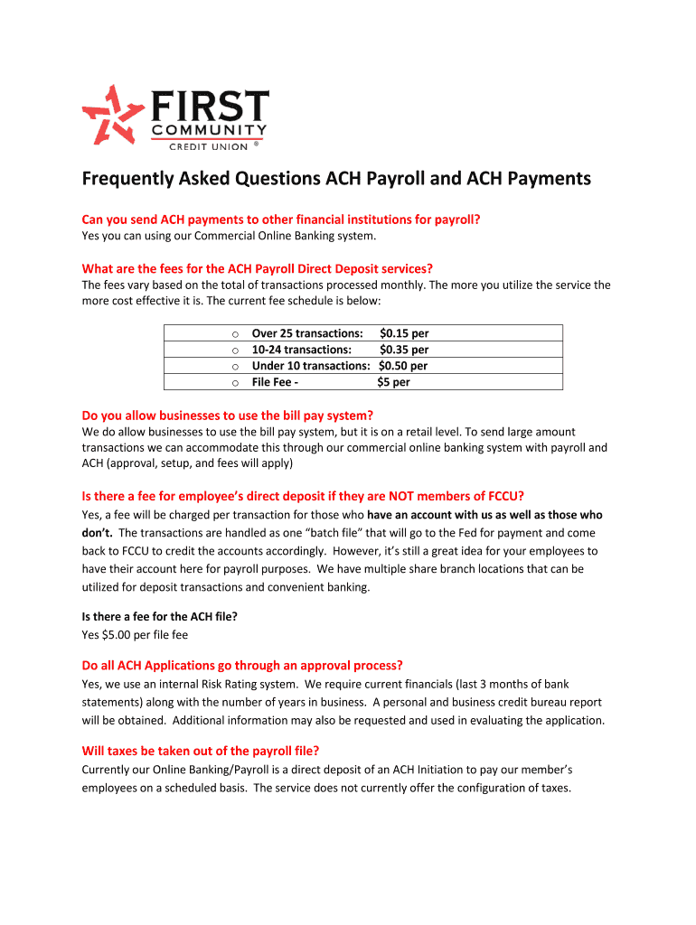 Fillable Online Frequently Asked Questions ACH Payroll and ACH Payments ...