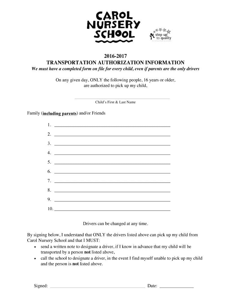 Fillable Online Transportation Authorization - Carol Nursery School Fax ...