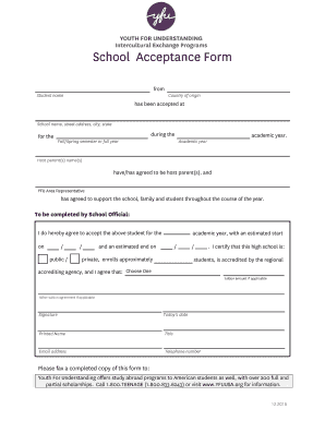Fillable Online School Acceptance Form - Youth For Understanding USA ...