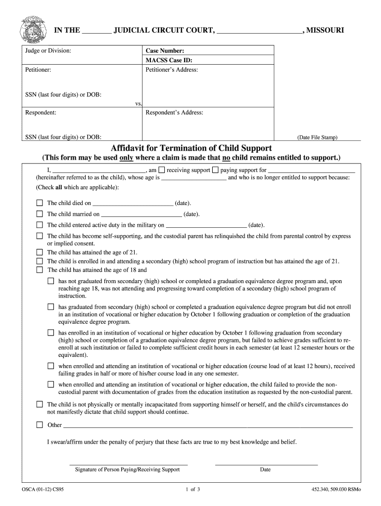 Fillable Online Affidavit for Termination of Child Support - Lafayette ...