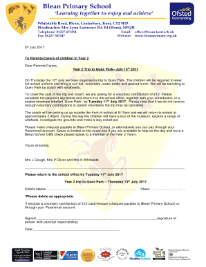Fillable Online Yr 2 letter to Quex Park - Blean Primary School Fax ...