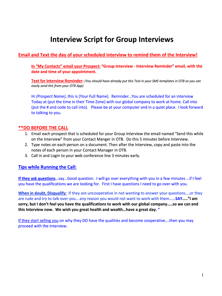 Fillable Online Interview Script for Group Interviews Fax Email Print ...