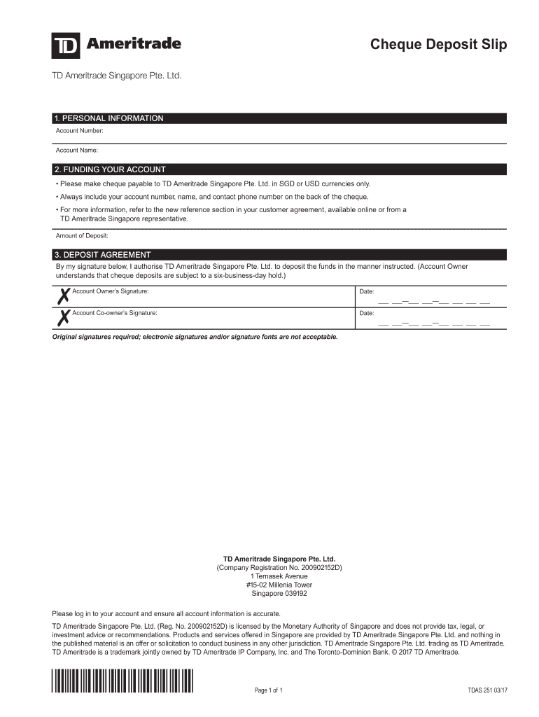 Fillable Online Cheque Deposit Slip - TD Ameritrade Singapore Fax Email Print - pdfFiller