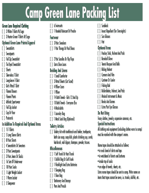 Fillable Online Camp Green Lane Packing List - Bunkline Fax Email Print ...
