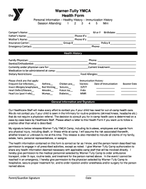 Fillable Online Warner-Tully YMCA Health Form - Warner Tully camp Fax ...