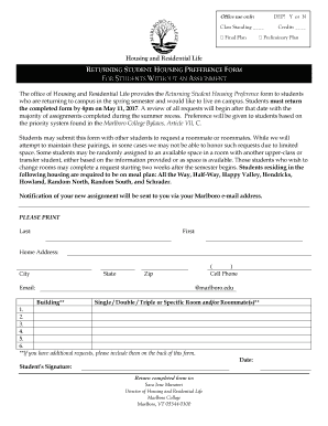 Fillable Online nook marlboro RETURNING STUDENT HOUSING PREFERENCE FORM ...