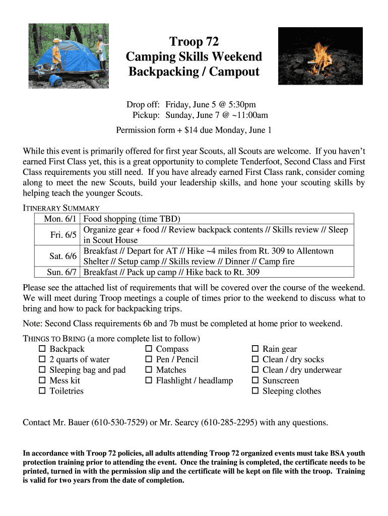 Fillable Online Troop 72 Camping Skills Weekend Backpacking / Campout Fax Email Print - pdfFiller