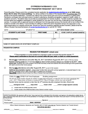 Fillable Online cypress-fairbanks isd new transfer request 2017-2018 Fax Email Print - pdfFiller
