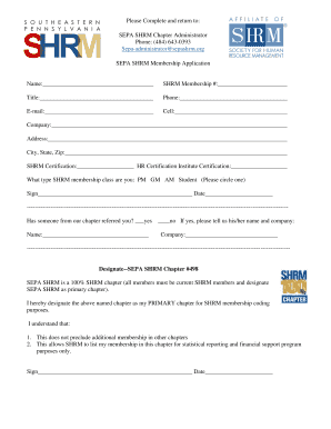 Fillable Online SEPA SHRM Chapter Administrator Phone: (484) Fax Email ...