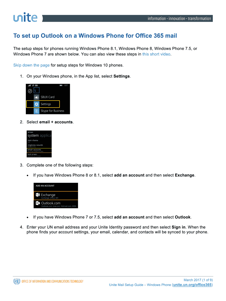 Fillable Online To set up Outlook on a Windows Phone for Office 365 mail Fax Email Print - pdfFiller