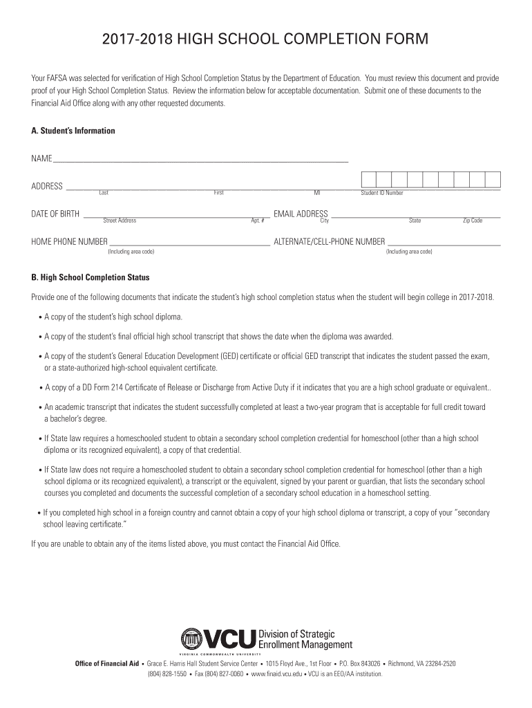 Fillable Online 2017-2018 high school completion form - Financial Aid ...
