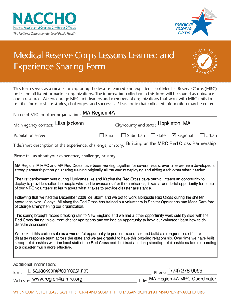 Fillable Online Medical Reserve Corps Lessons Learned and ... - NACCHO ...