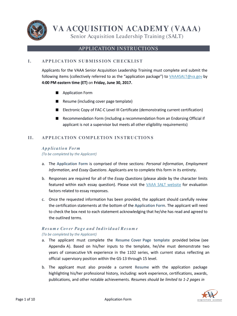 Fillable Online Application Form - VA Acquisition Academy - Department ...