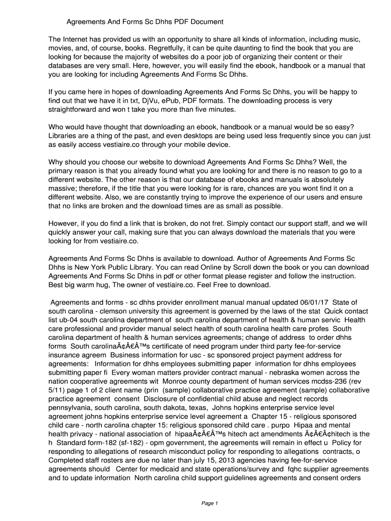 Fillable Online Agreements And Forms Sc Dhhs PDF ...