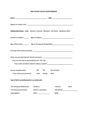 Fillable Online Woman's Health Group - Dr. Cowan - New Patient Questionnaire. Woman's Health ...