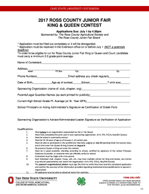 Fillable Online 2017 ross county junior fair king & queen contest - OSU ...