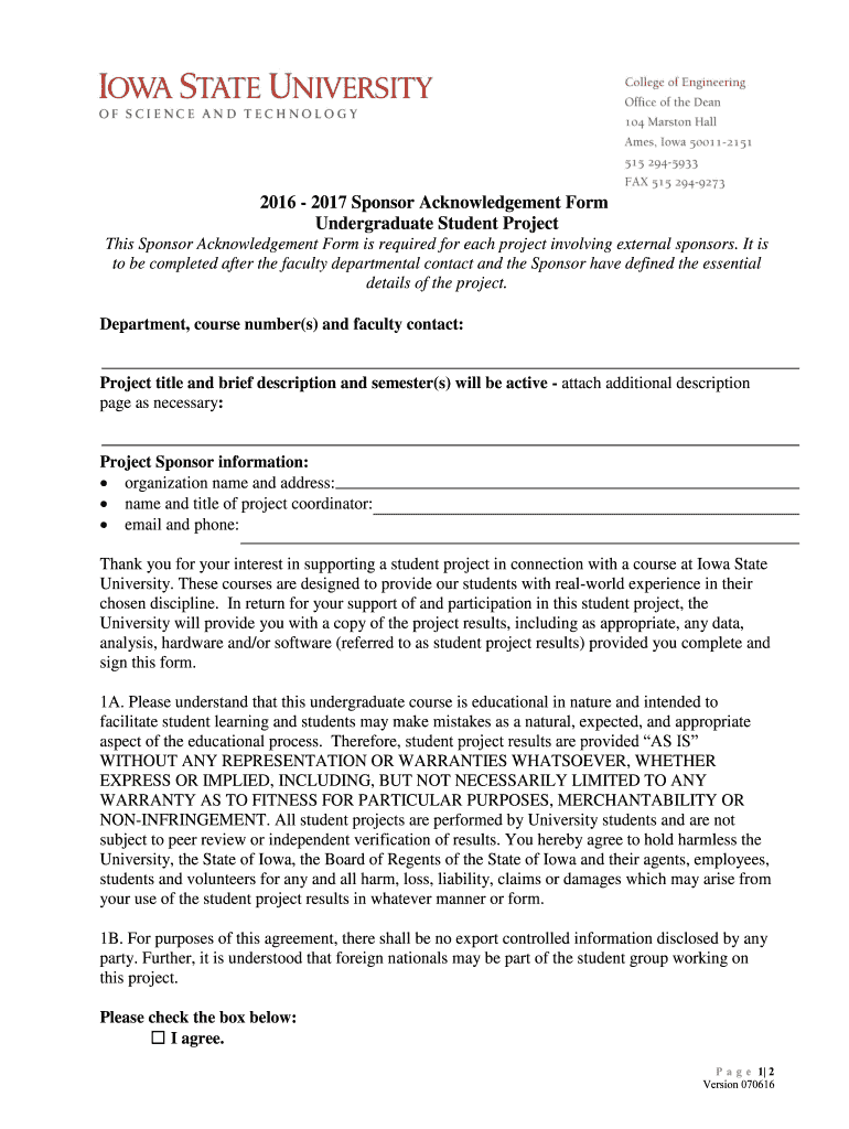 Fillable Online 2016 - 2017 Sponsor Acknowledgement Form Undergraduate ...
