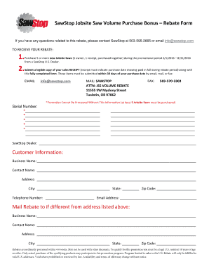Fillable Online SawStop Jobsite Saw Volume Purchase Bonus Rebate Form ...