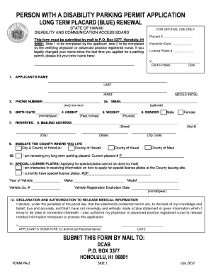 Fillable Online PERSON WITH A DISABILITY PARKING PERMIT APPLICATION ...
