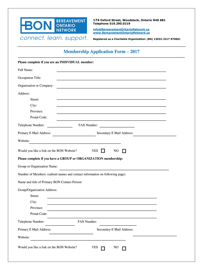 Fillable Online Membership Application Form 2017 - Bereavement Fax ...