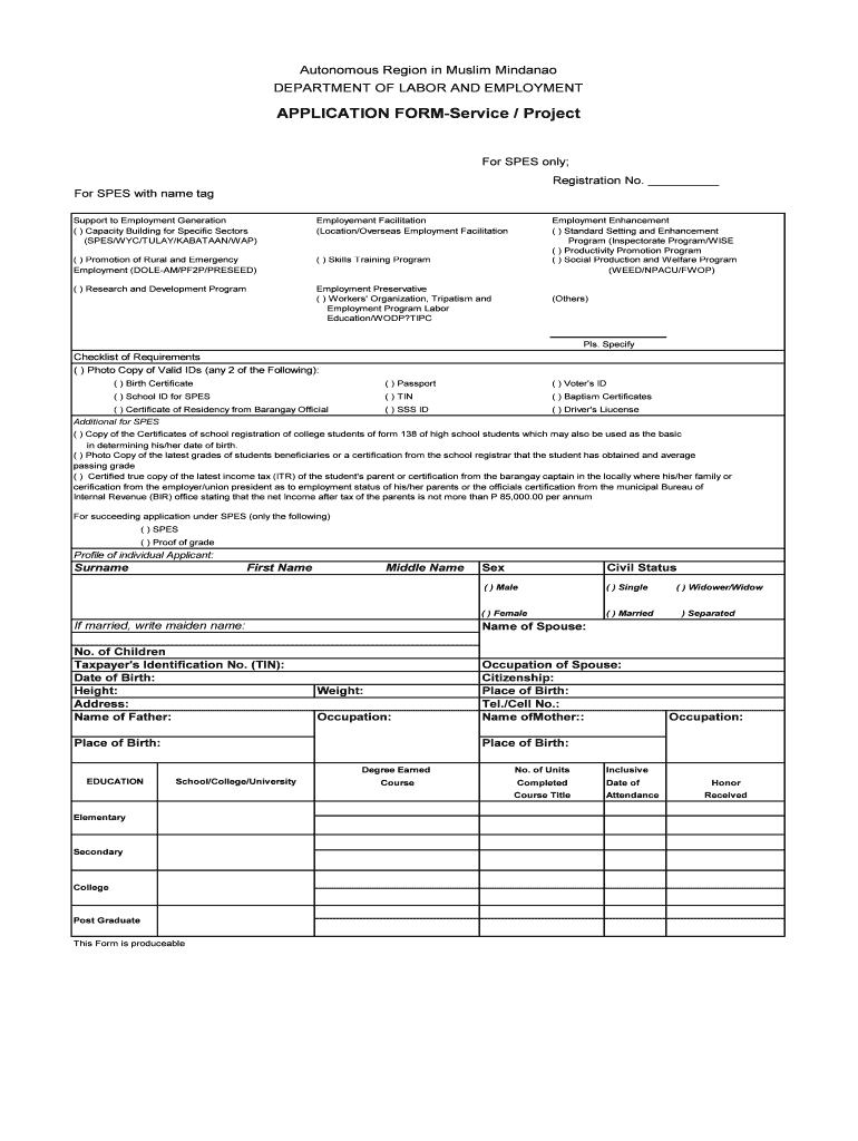 Fillable Online APPLICATION FORM-Service / Project - DOLE-ARMM Fax ...