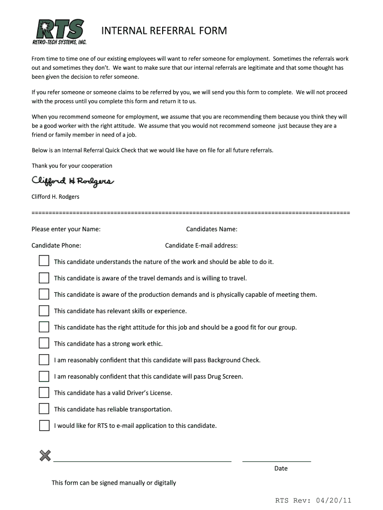 Fillable Online INTERNAL REFERRAL FORM - Retro-Tech Systems Fax Email ...