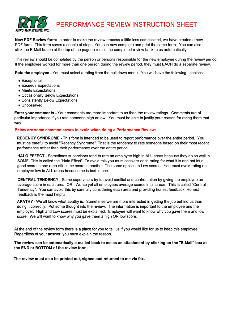 Fillable Online PERFORMANCE REVIEW INSTRUCTION SHEET Fax Email Print ...