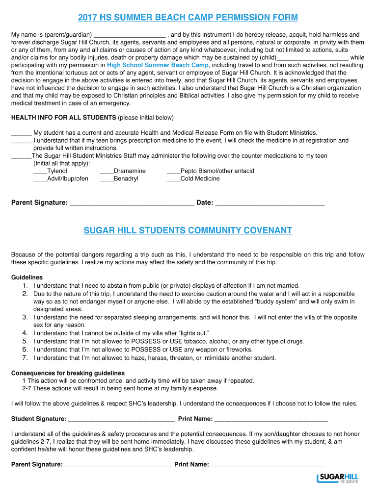 Fillable Online 2017 hs summer beach camp permission form ... - Sugar Hill Church Fax Email ...
