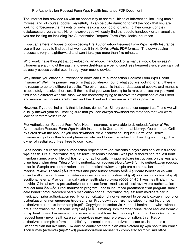 Fillable Online Pre Authorization Request Form Wps Health Insurance PDF ...