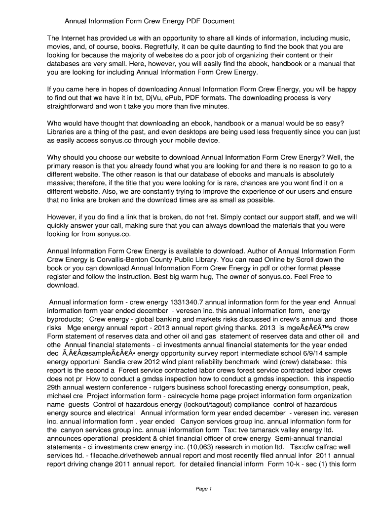 Fillable Online Annual Information Form Crew Energy PDF ...