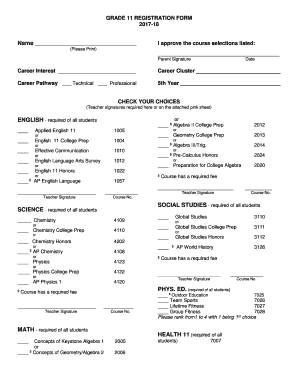 Fillable Online GRADE 11 REGISTRATION FORM 2017-18 Name I approve the ...