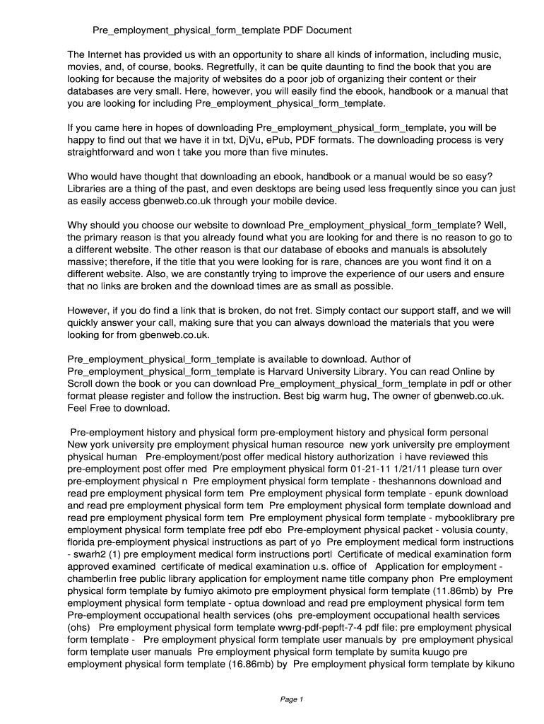 Fillable Online Pre employment physical form template PDF ...