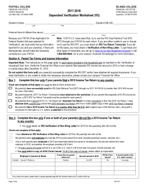 Fillable Online omnipilot deanza fhda 2017-2018 Dependent Verification Worksheet (V5) - De Anza ...