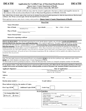 Fillable Online DEATH Application for Certified Copy of Maryland Death ...