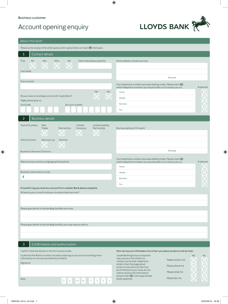 Fillable Online Account opening enquiry form - Lloyds Bank Fax Email ...