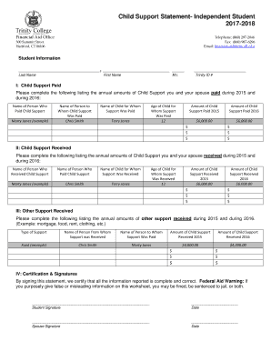 Fillable Online Child Support Statement- Independent Student 2017-2018 ...