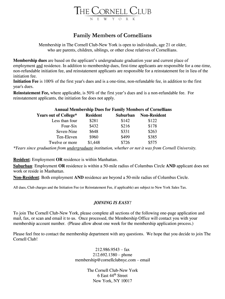 Fillable Online Family Members of Cornellians - The Cornell Club - New ...