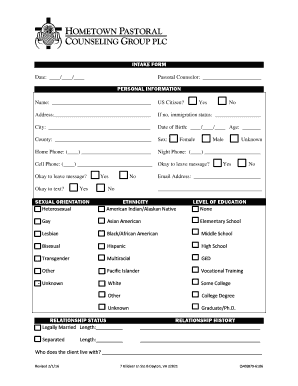 Fillable Online INTAKE FORM PERSONAL INFORMATION - Couples Therapy Fax ...