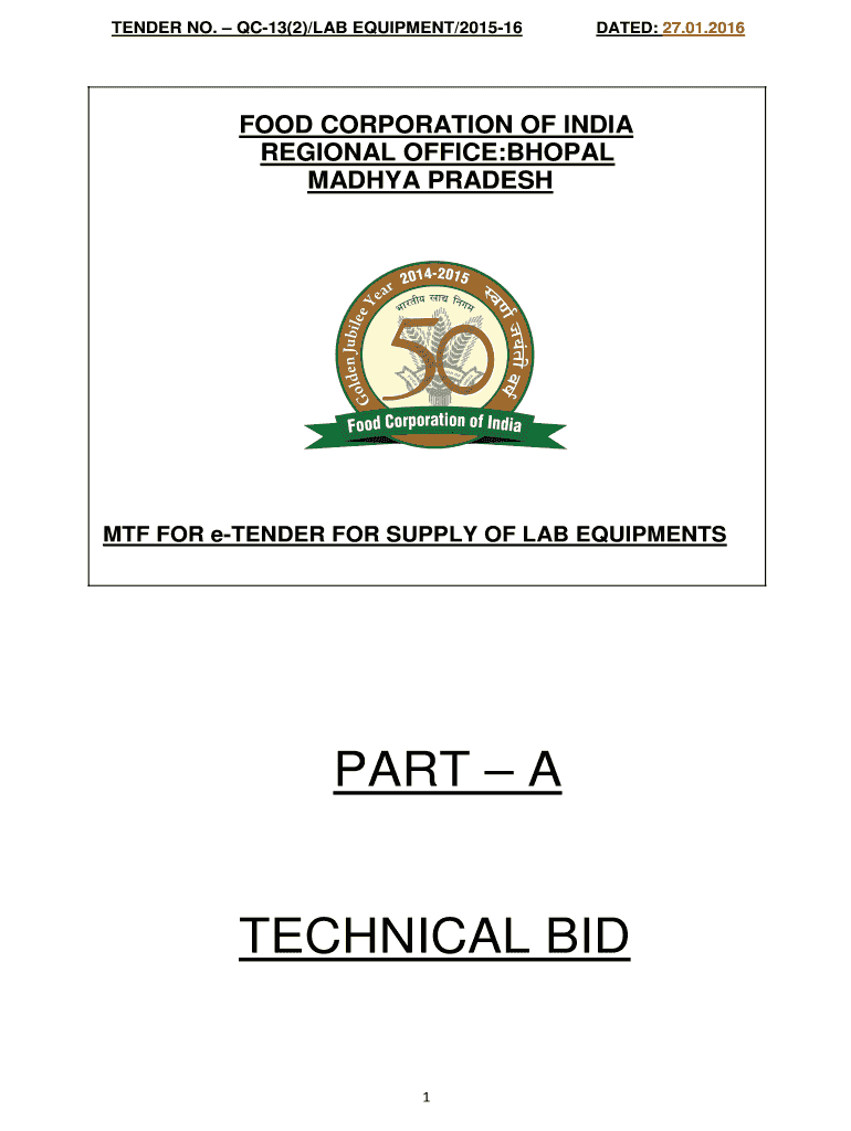 Fillable Online PART A TECHNICAL BID - Food Corporation of India Fax ...