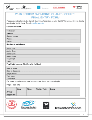 Fillable Online 2016 NORDIC SWIMMING CHAMPIONSHIPS FINAL ENTRY FORM Fax ...