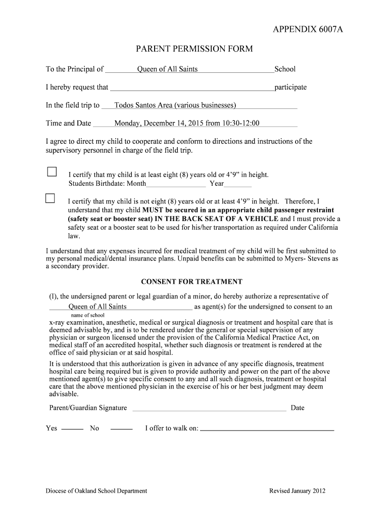 Fillable Online appendix 6007a parent permission form - Queen of All ...