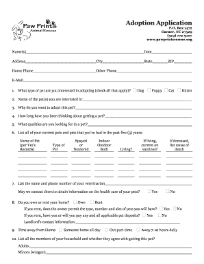 Fillable Online pawprintsrescue Adoption Application - Paw Prints ...