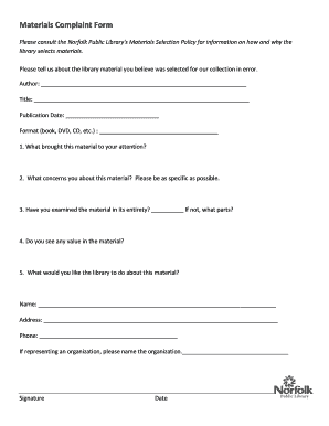 Fillable Online Materials Complaint Form Fax Email Print - pdfFiller
