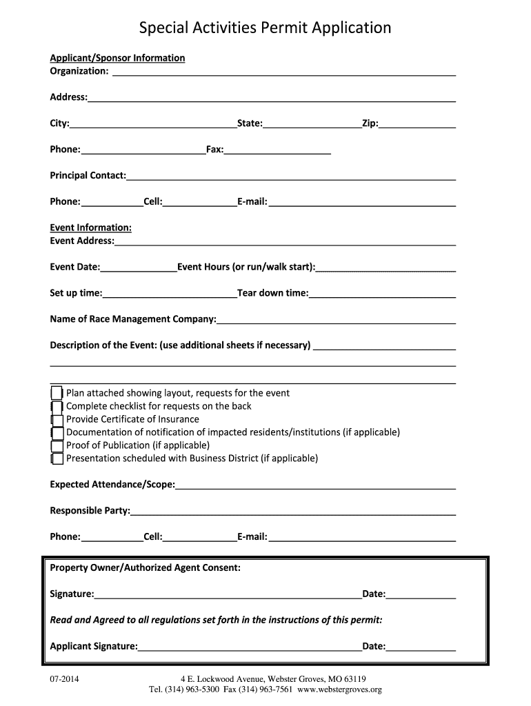 Fillable Online Special Activities Permit no liq - City of Webster ...