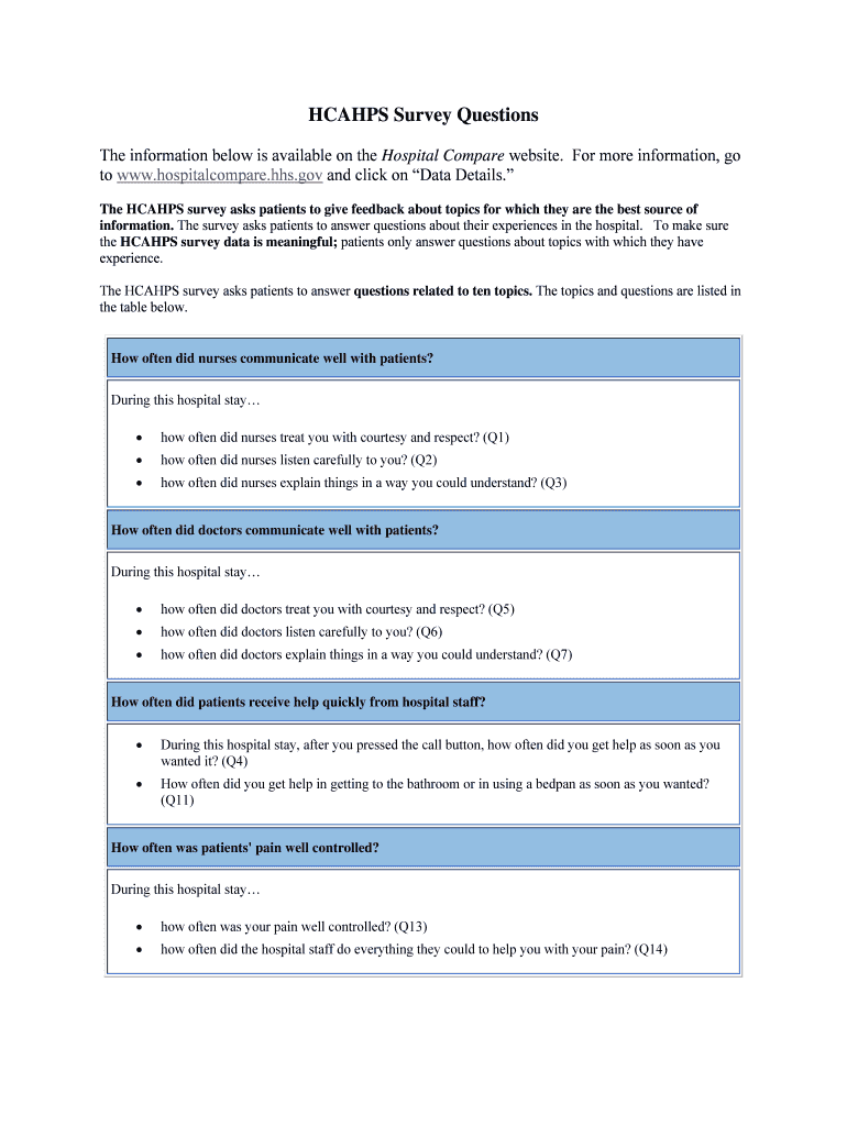 Fillable Online HCAHPS Survey Questions Fax Email Print - pdfFiller