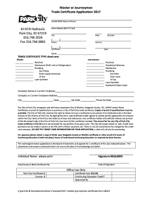 Fillable Online Master-Journeyman Certificate - Park City, KS Fax Email ...