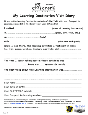 Fillable Online My Learning Destination Visit Diary - Sheffield City ...