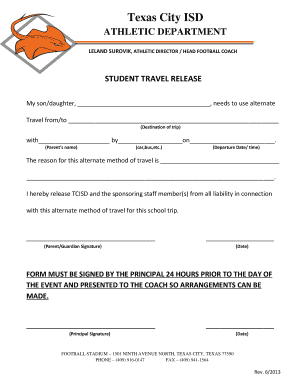 Fillable Online Student Travel Release Form - Texas City ISD Fax Email Print - pdfFiller